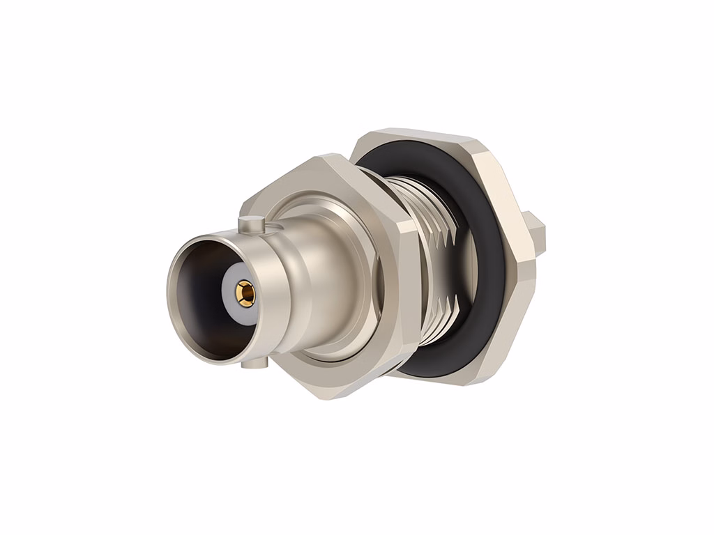 BNC Jack, Straight, PCB Receptacle, Through Hole, Die Cast, Nickel (Ni) Plated, Tray, 50 Ohms