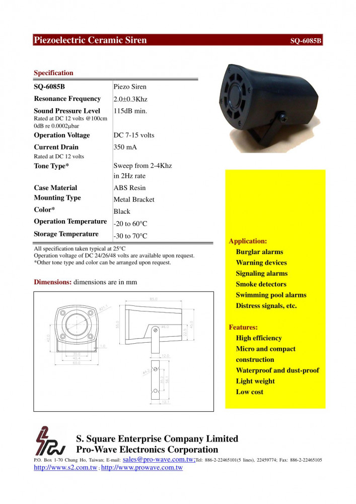 SQ-6085B piezo siren product documentation page