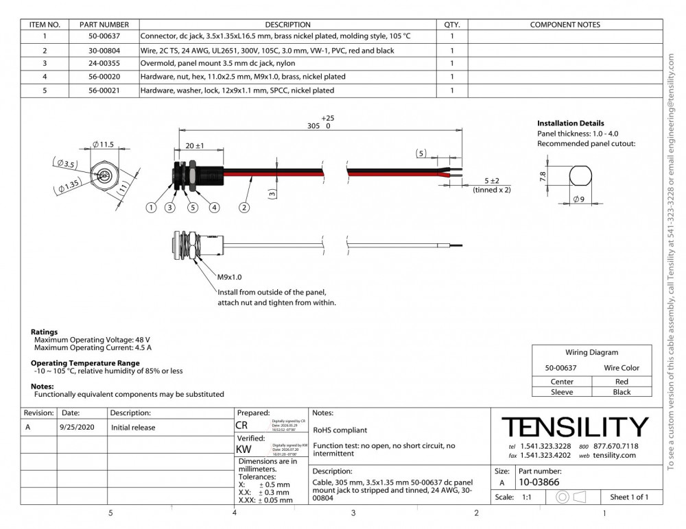 Tensility 10-03866 drawing showing the 3.5 by 1.35 millimeter DC panel jack cable assembly and wiring information