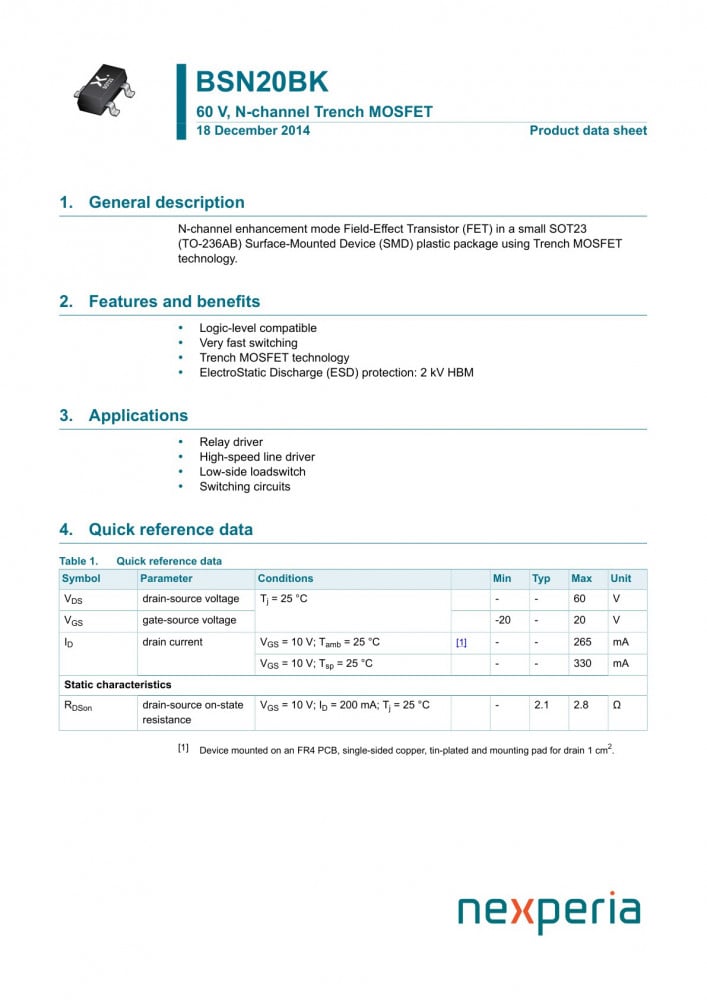 BSN20BKR datasheet page 1