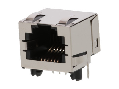 Modular Jack, Right-Angle, Low Profile, Inverted, Shielded, Offset Panel  Grounding Tabs, Lightpipes, 6/6