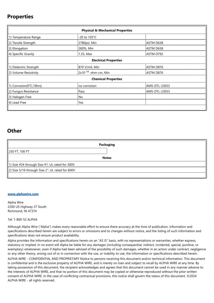 Alpha Wire P1054 BK005 technical document page 2