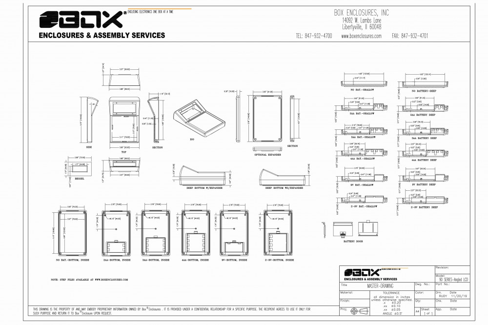 90 Series angled LCD enclosure technical drawing