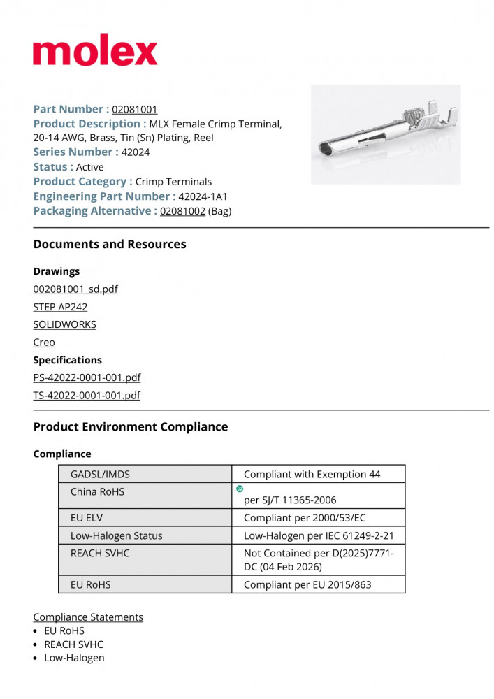 Technical document image 1 for MOLEX 02081001