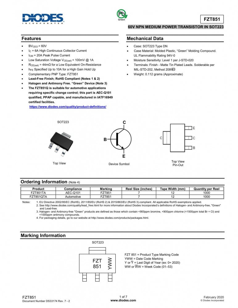 FZT851TA datasheet page 1