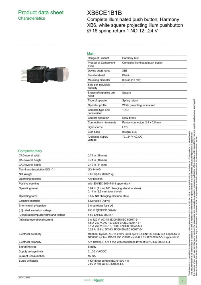 XB6CE1B1B technical document page 1