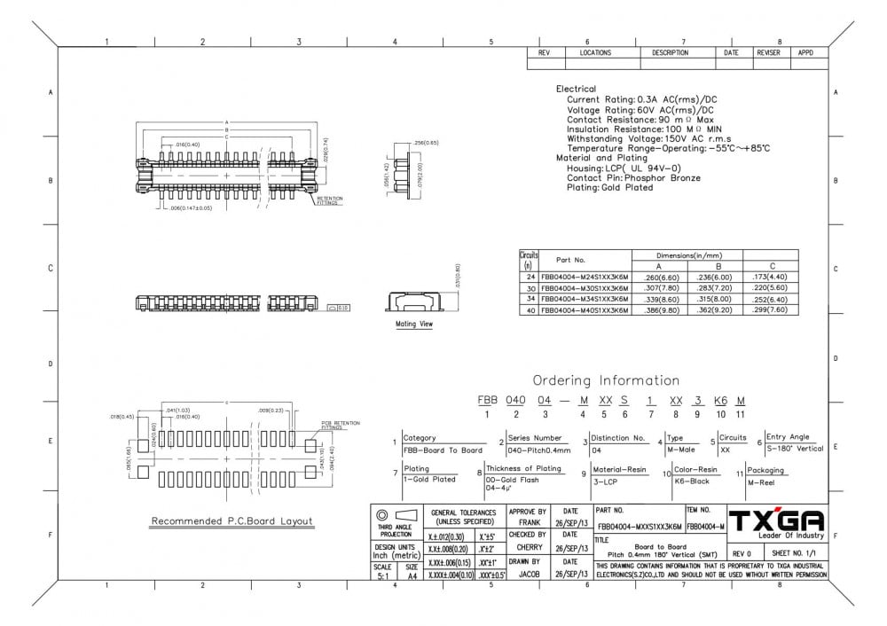 TXGA FBB04004-M40S1003K6M technical drawing