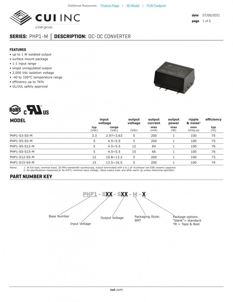 CUI PHP1-M datasheet page 1
