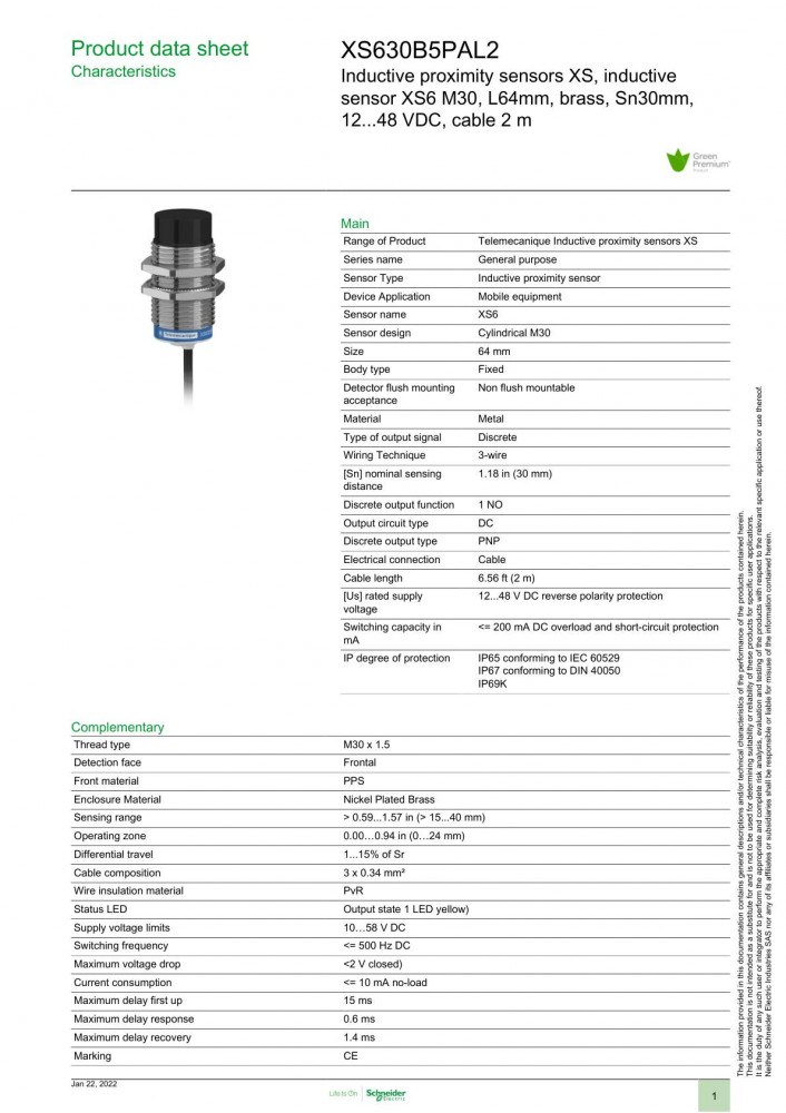 XS630B5PAL2 technical documentation page 1