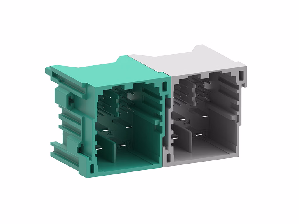 stAK50h 5 Bay Right-Angle Hybrid Header, 143 Circuits, Bay 1: 32 Circuits/Key 3/Dark Gray; Bay 2: 32 Circuits/Key 4/Purple; Bay 3: 27 Circuits/Key 3/Blue; Bay 4: 27 Circuits/Key 1/Black; Bay 5: 25 Circuits/Key 1/Green; Tube