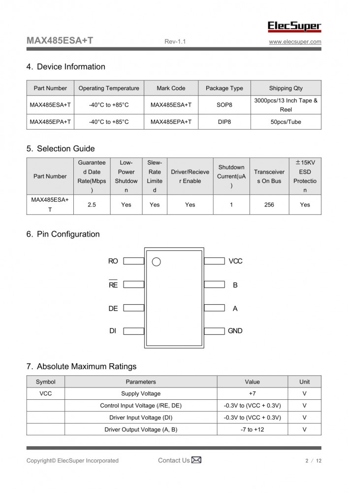 MAX485ESA+T datasheet page 2