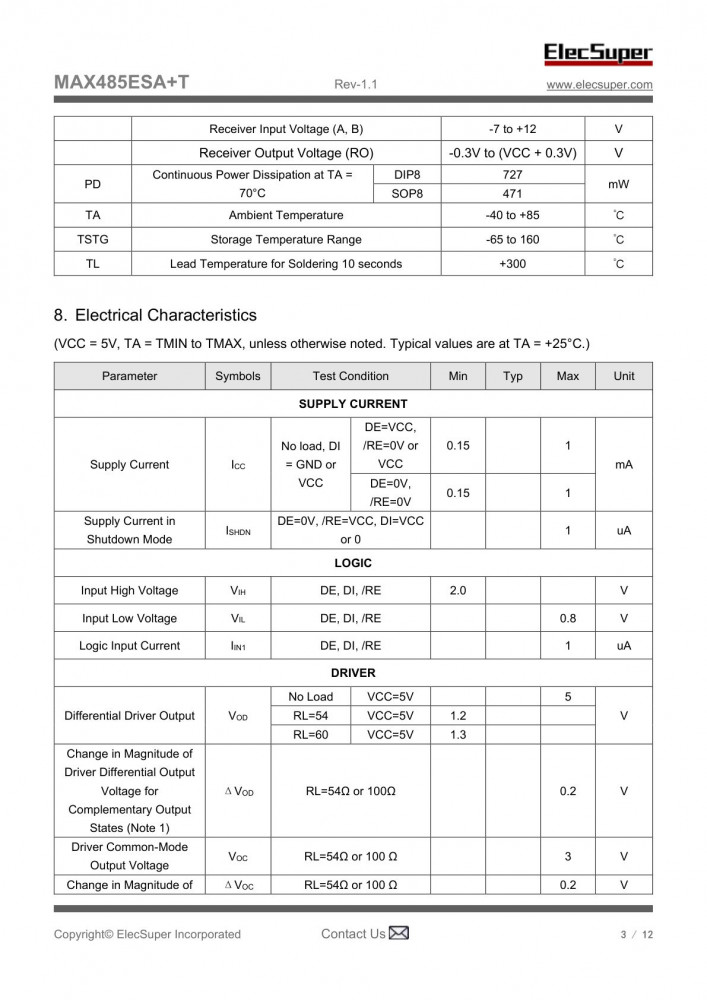 MAX485ESA+T datasheet page 3