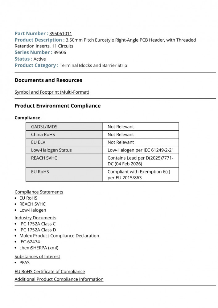 Technical document page 1 for MOLEX 395061011