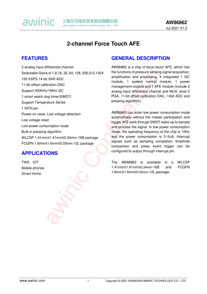AW86862CSR datasheet page 1