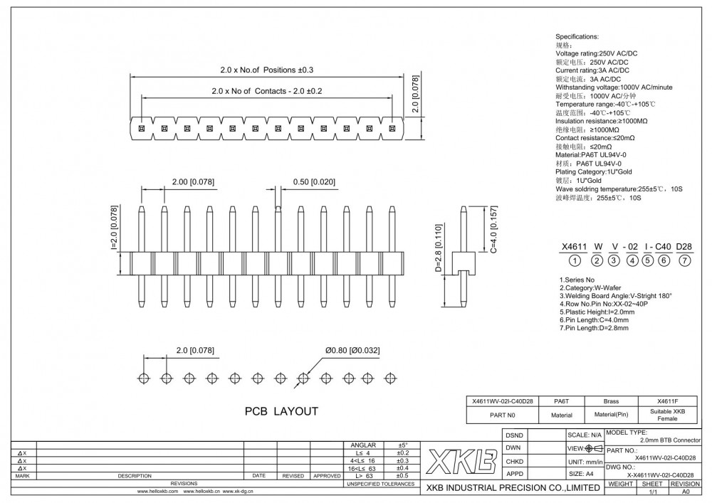 X4611WV-02I-C40D28 technical drawing and specifications