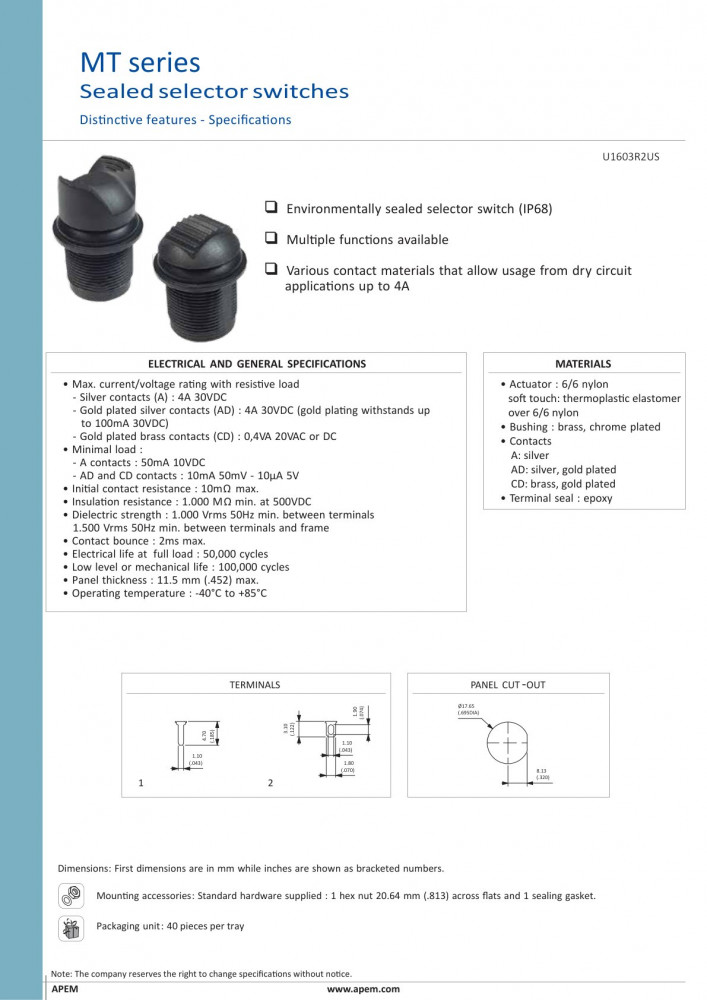 APEM MTG92A4 technical document page 1
