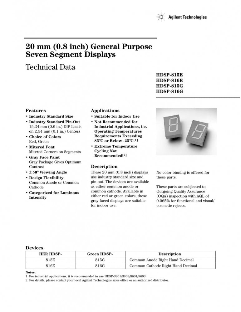 HDSP-816G datasheet page 1