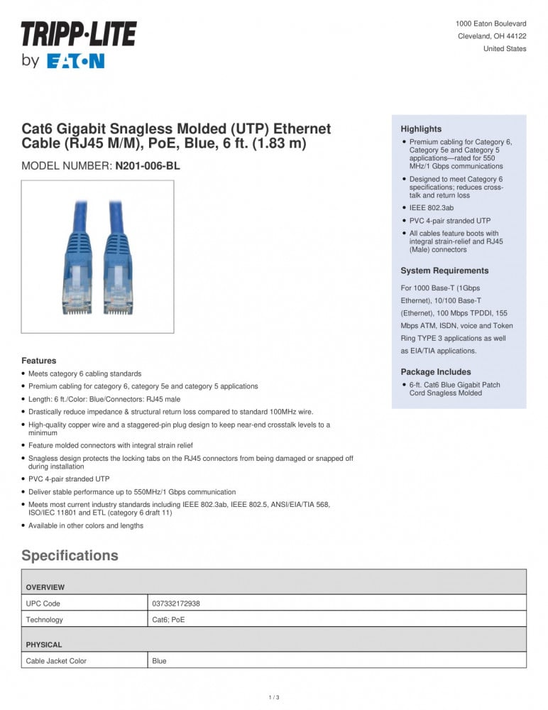 EATON N201-006-BL technical document page 1
