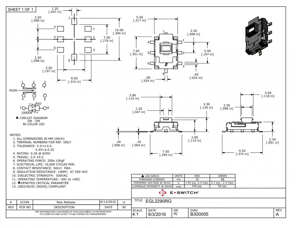 E-Switch EGL2290RG technical drawing