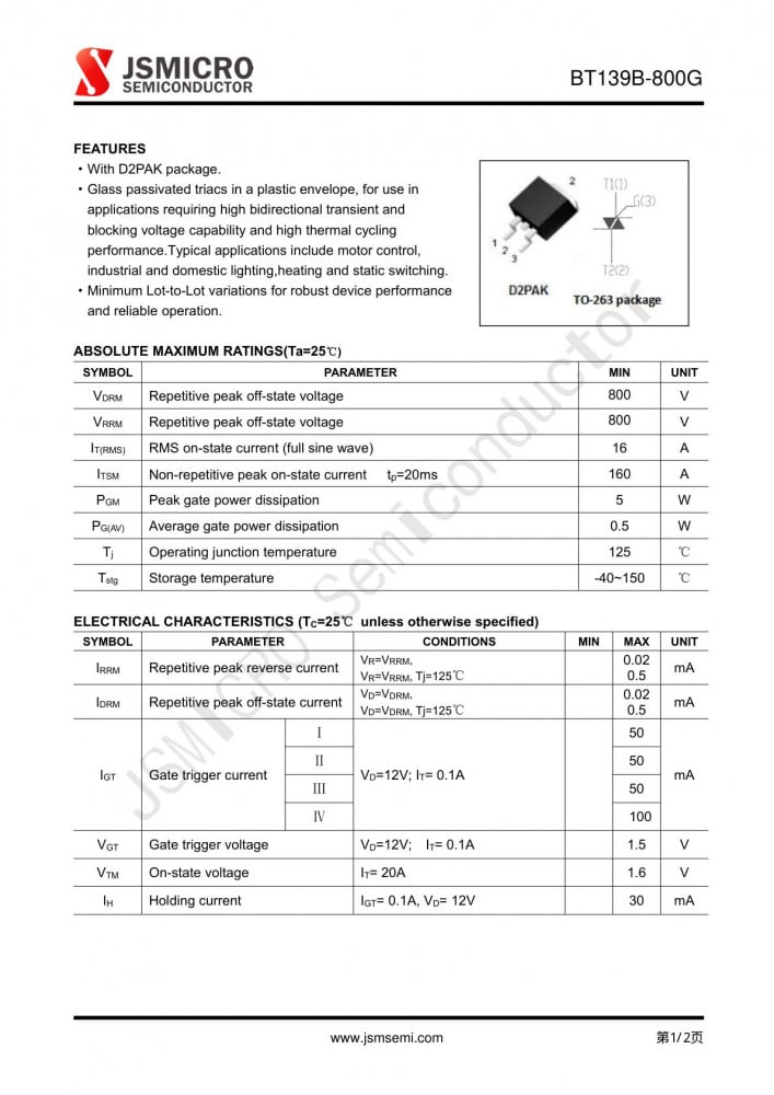 BT139B-800G-JSM datasheet page 1