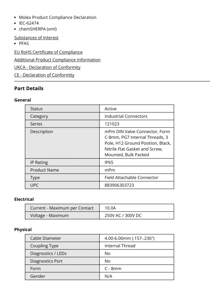 Molex C05 DIN Valve packaging specification, page 2