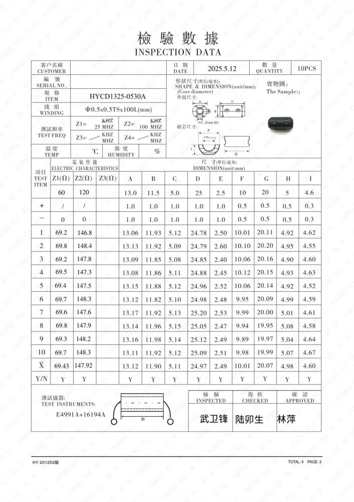 HYCD1325-0530A inspection data