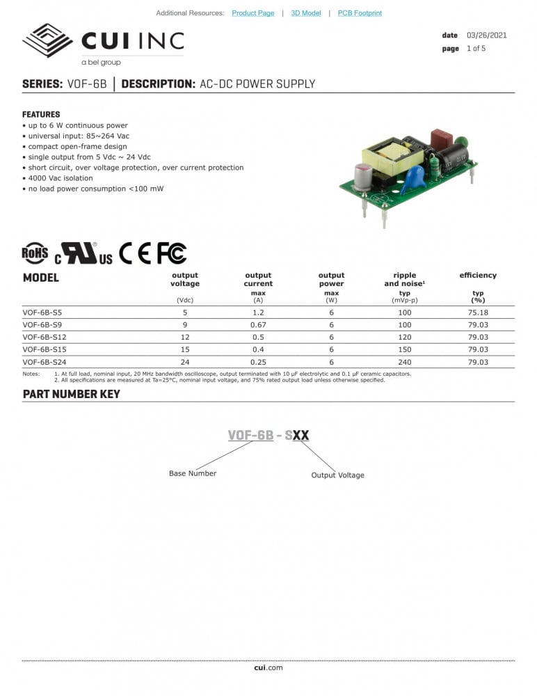 CUI VOF-6B-S15 datasheet page 1