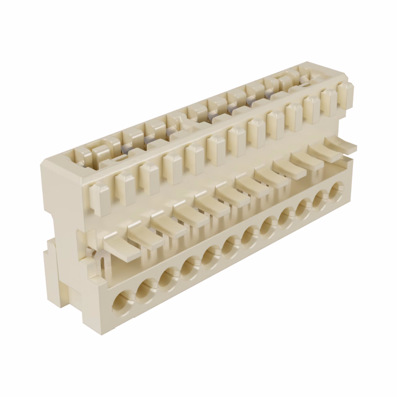 Appli-Mate RAST 2.5 Connector, 2.50mm Pitch, Female, 12 Circuits, Positions A Removed, Polarizing Rib Between 11/12, Locking Pips, Slotted Endwalls, Tin Plating