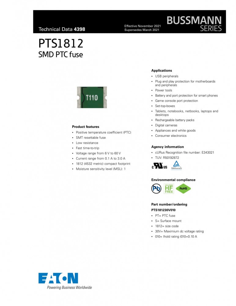 Eaton PTS1812 datasheet page 1