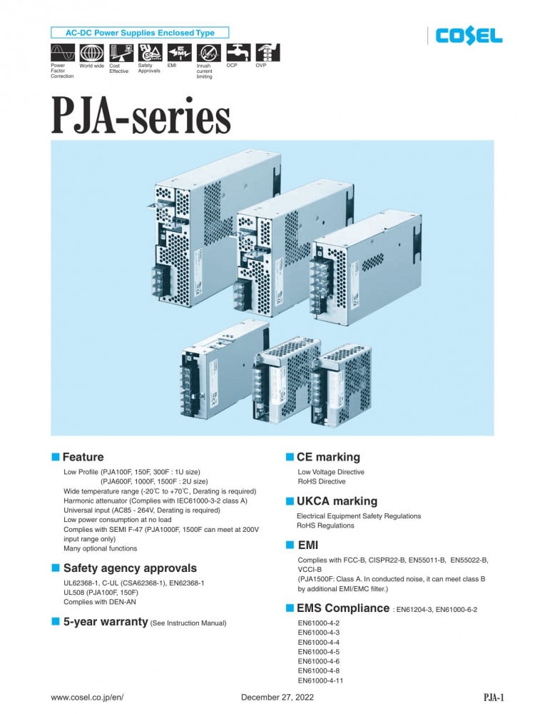 Cosel PJA series datasheet page 1