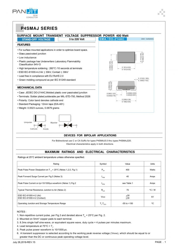 PANJIT P4SMAJ series datasheet page 1