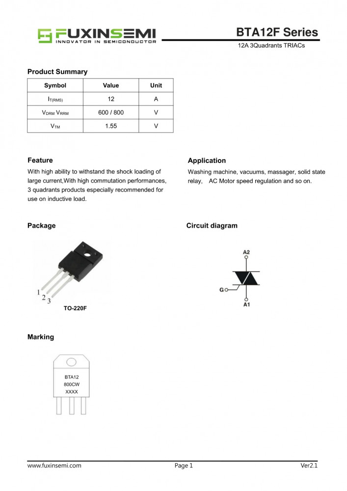 BTA12F-800CW datasheet page 1