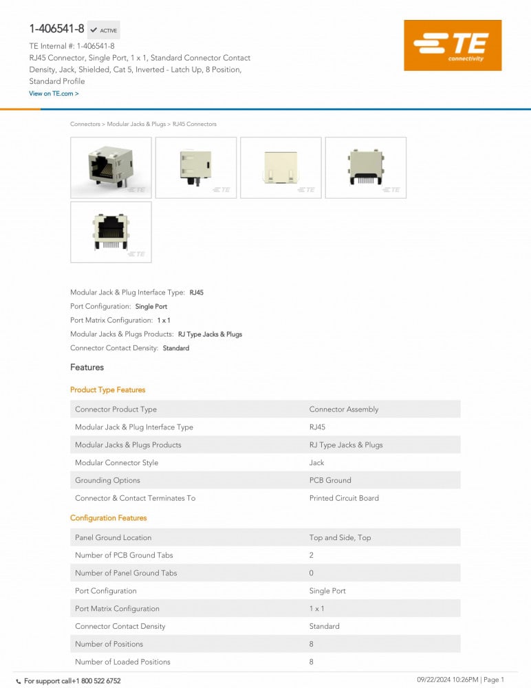 TE Connectivity 1-406541-8 technical document page 1