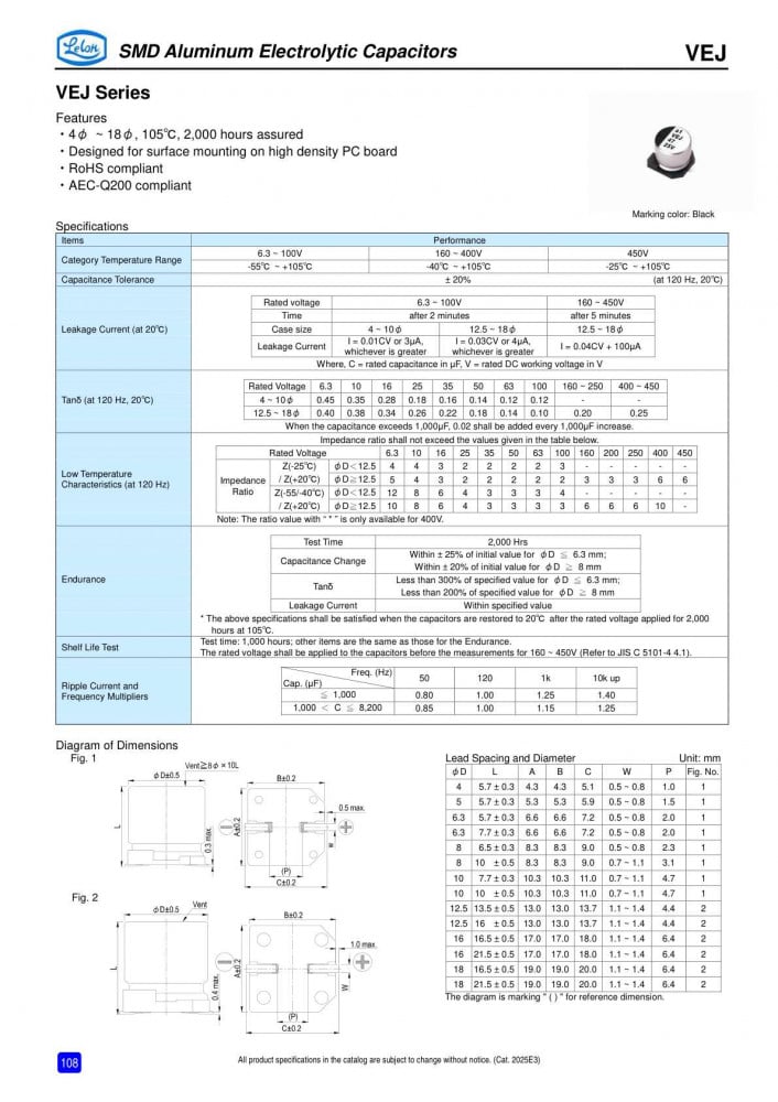 Lelon VEJ series datasheet page 1