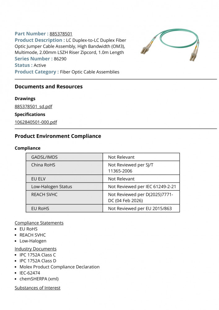 Molex 885378501 technical document preview, page 1