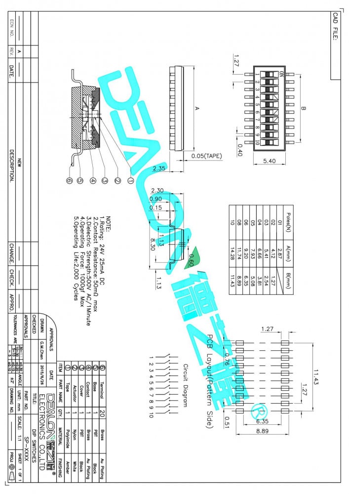 DEALON SP-03P DIP switch technical drawing