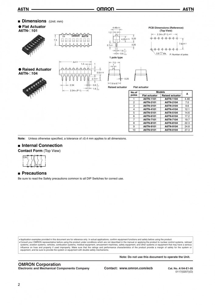 OMRON A6TN series DIP switch technical document page 2