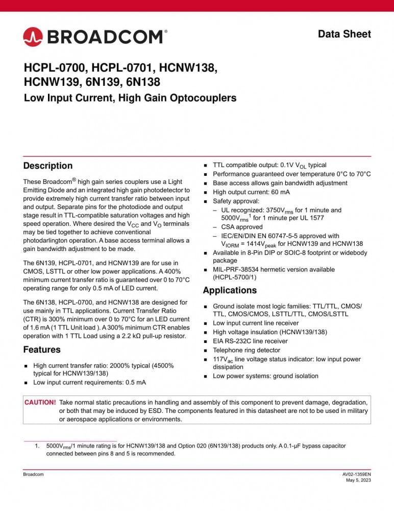 6N139 family datasheet page 1