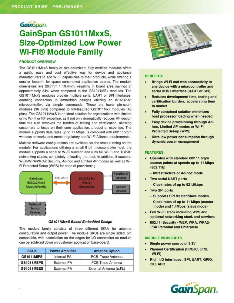 GainSpan GS1011MxxS technical document page 1