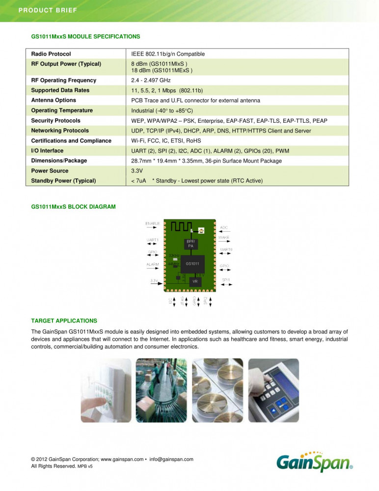GainSpan GS1011MxxS technical document page 2