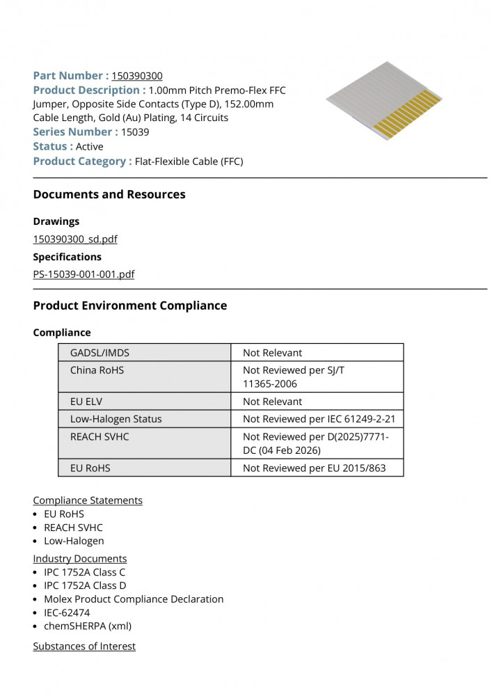 Molex 1.00 mm pitch FFC family specification, page 1