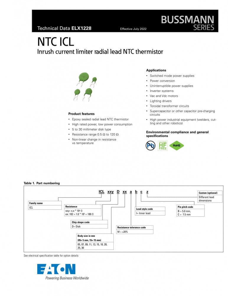 EATON NTC ICL datasheet page 1