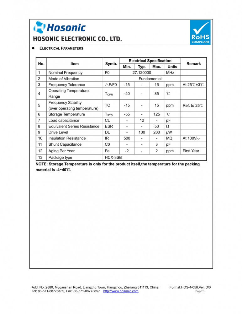 HOSONIC E3SB27E0X0012E specification page 3