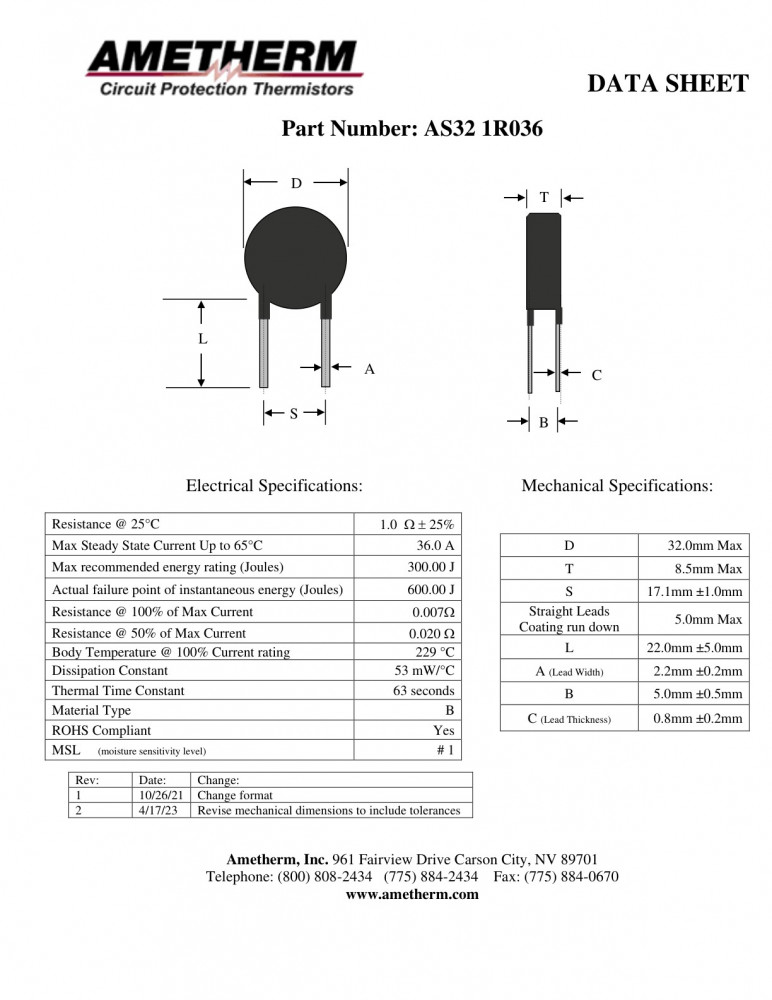 Ametherm AS32 1R036 technical document image