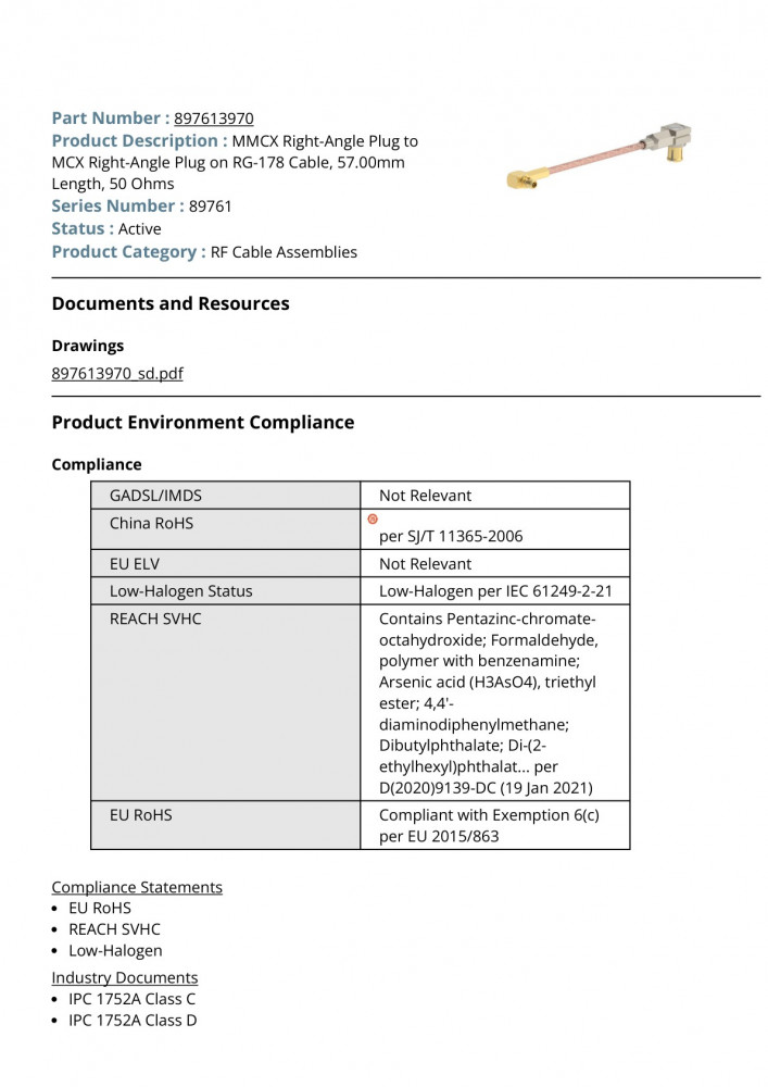 MOLEX 897613970 product drawing, page 1