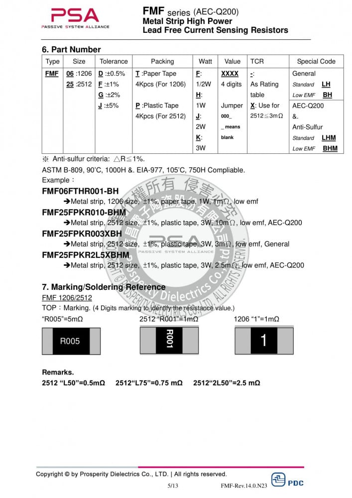 PSA FMF series specification page 6
