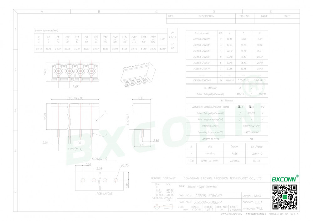 BXCONN JCB508-ZOMCxP technical drawing and specification image