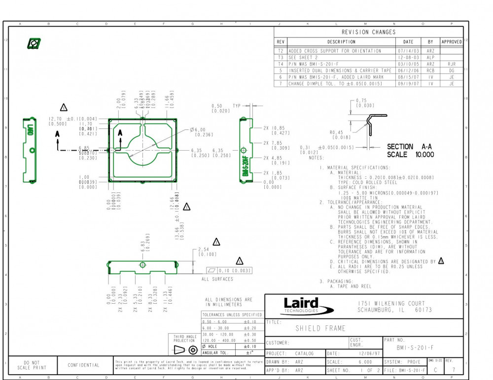 BMI-S-201 shield frame drawing, sheet 1