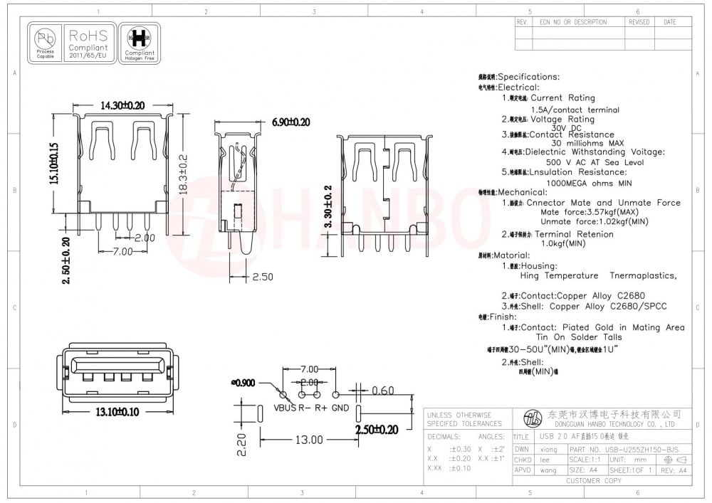 USB-U255ZH150-BJS technical document page