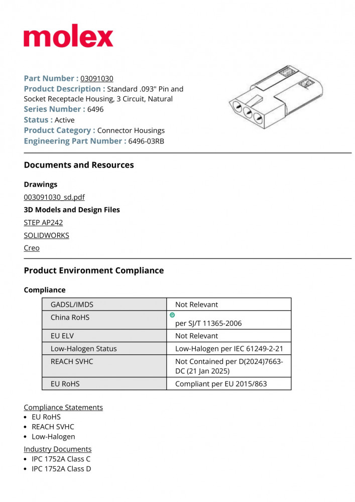 Molex 03091030 drawing page 1
